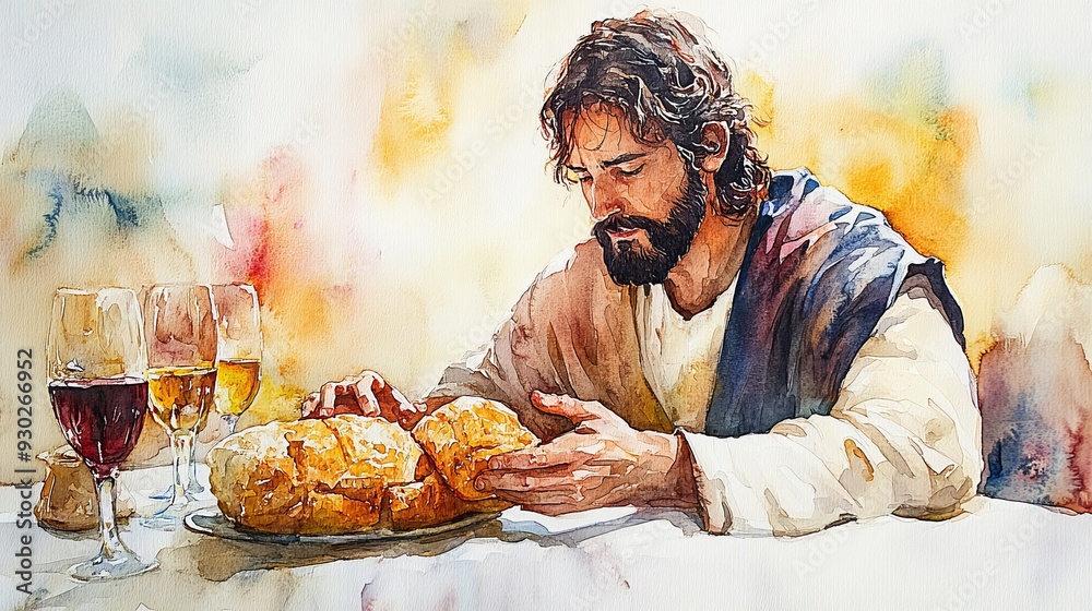Jesus blessing the bread and wine at the Last Supper, soft watercolor ...
