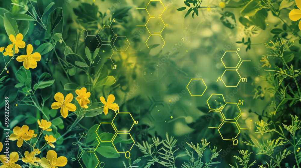 Molecular structure diagrams overlaying a green background with diverse ...