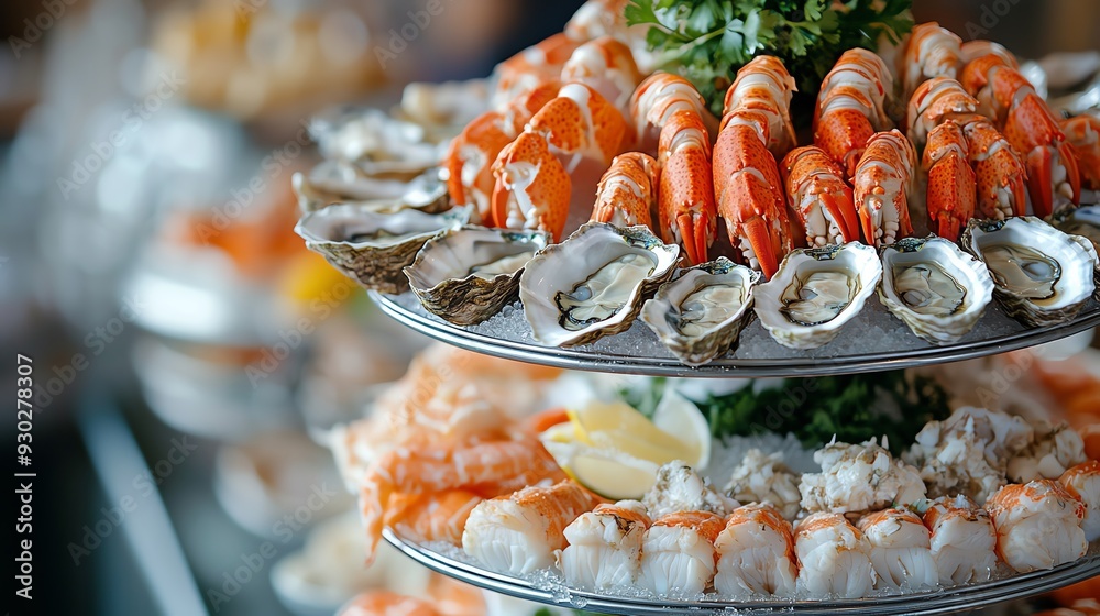 A gourmet seafood tower featuring oysters, lobster tails, and king crab ...