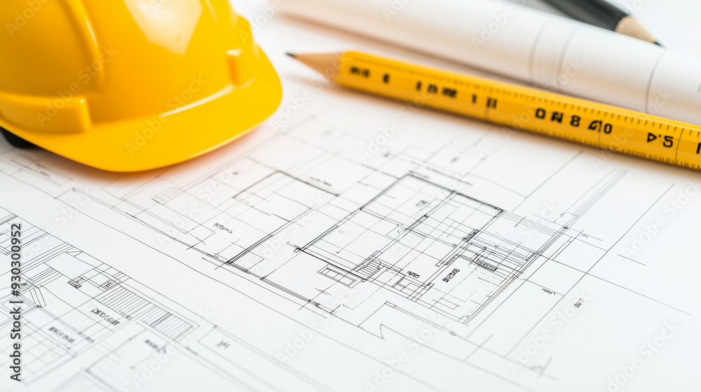 Blueprint floor plan architectural project on the table with yellow ...