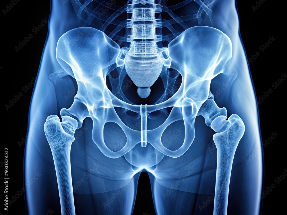 X-ray image displays hip joint and femur fracture fixation in ...