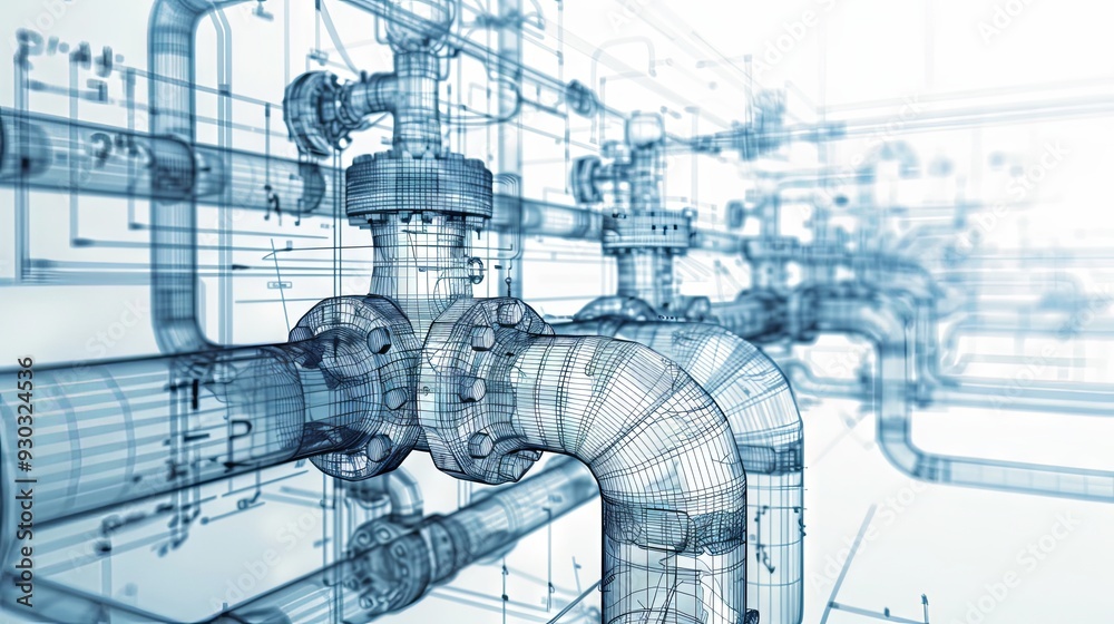 Building pipe and valve tube system architectural blueprint, industrial ...