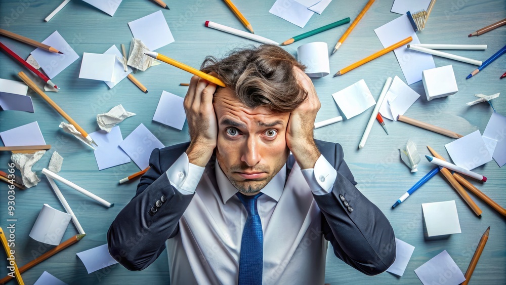 A frustrated person surrounded by scattered papers and broken pencils ...