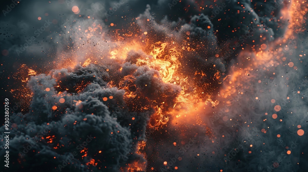 Fire explosion particles flying with black or grey dark smog cloud ...