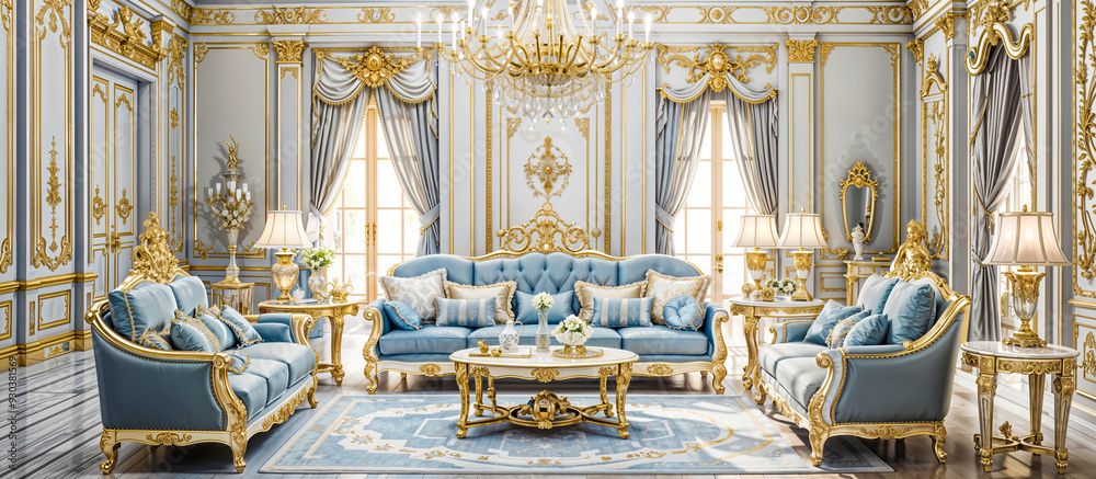 Classic Rococo Style Drawing Room with Blue and Gold Color Scheme and ...