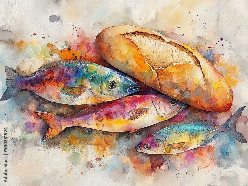 Multiplication of loaves and fishes, vibrant colors, watercolor style ...