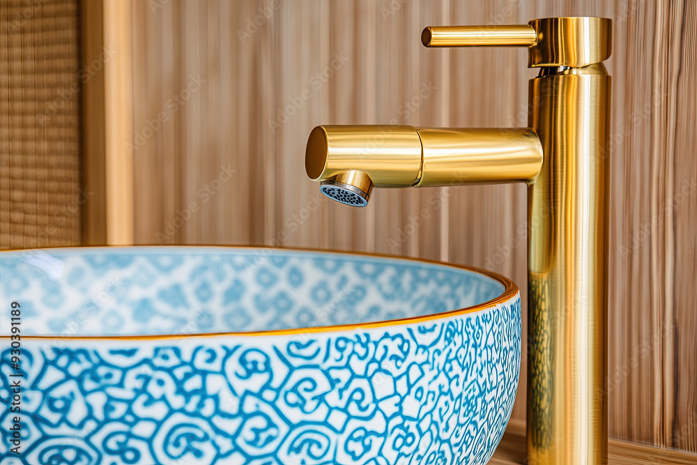 In an Asian-style bathroom, a golden faucet with blue patterns on the ...