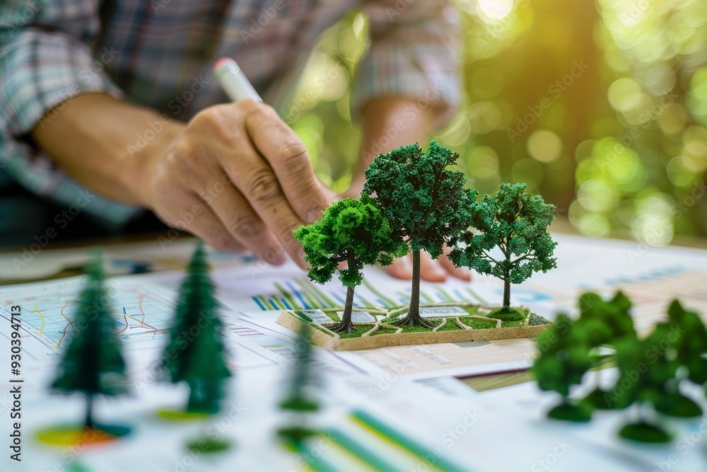 Person Planning Environmental Conservation with Tree Models Stock Photo ...