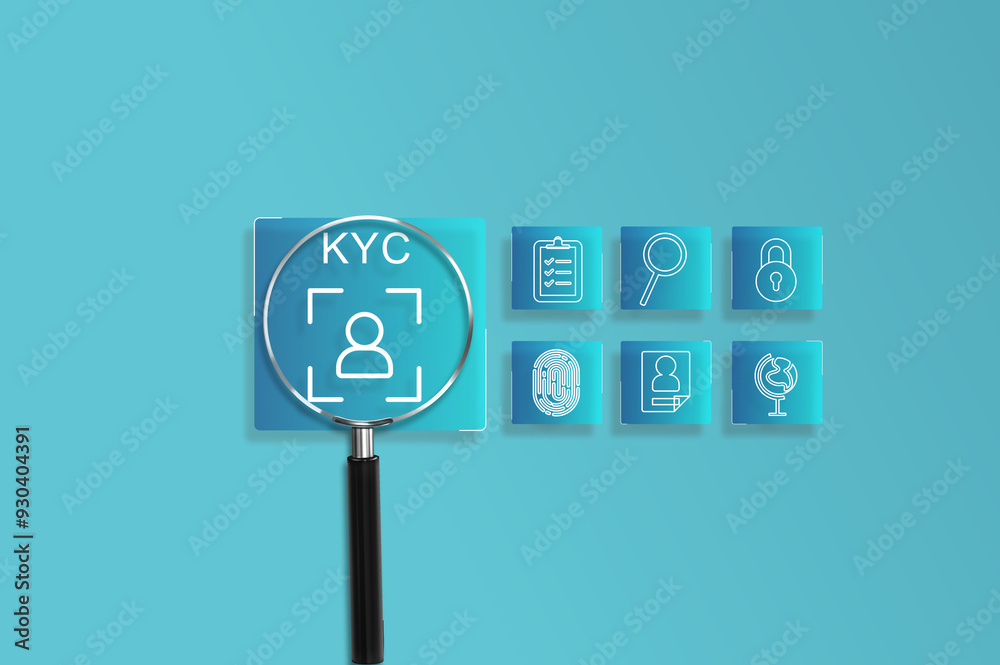 Magnifying glass focusing on Know Your Customer (KYC) compliance and ...