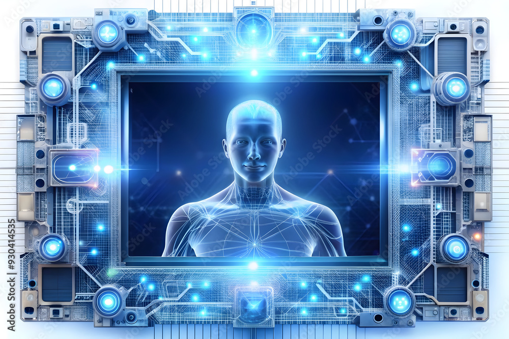 3D AI Powered Human Machine Interface Frame Concept with HMI Elements on White Background ...