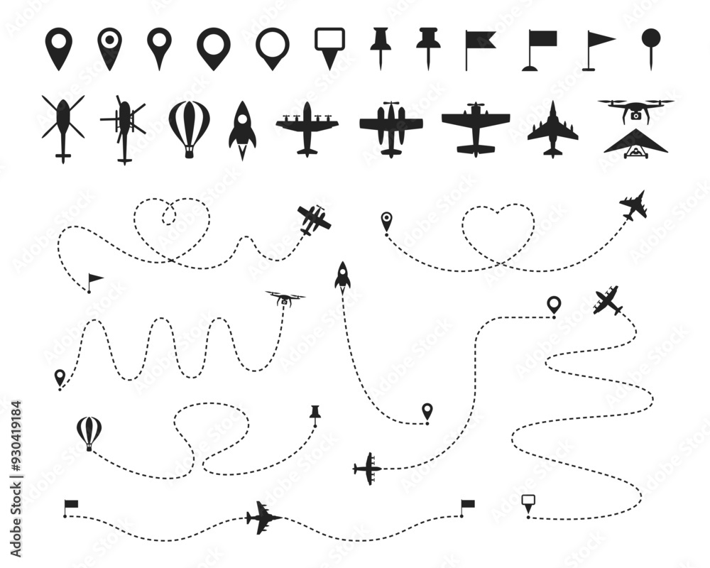 Flight path route. Dashed line plane, helicopter, balloon, drone and ...