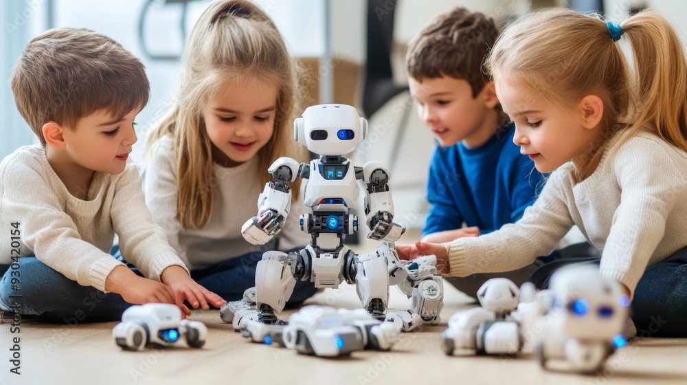 Group of children playing with robot toys in classroom, sparking their ...