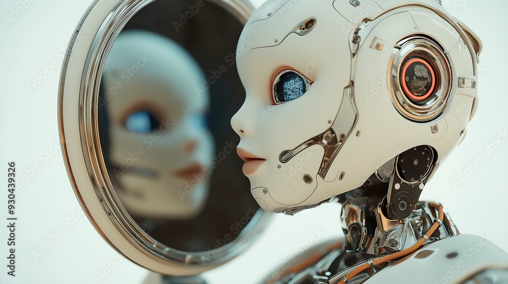 Cute 3D Robot Gazing at Its Reflection, Representing the Awakening of ...