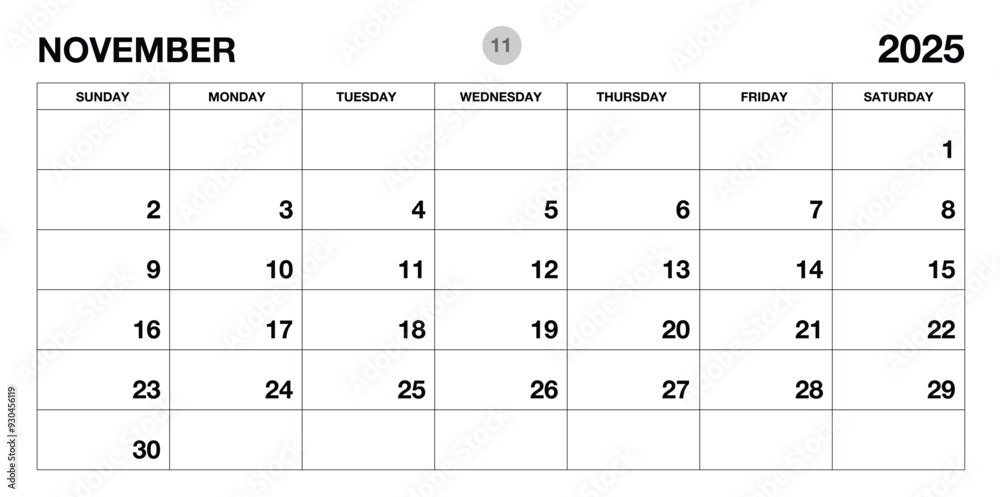 Vector de Stock November 2025 year planner template, calendar 2025 ...