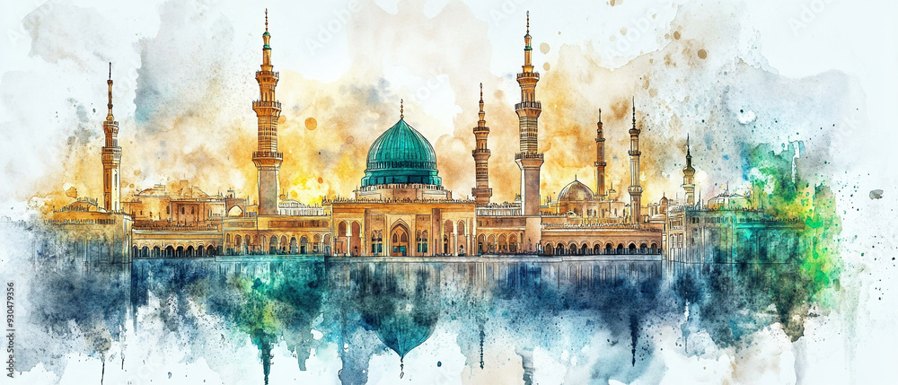 Watercolor hand draw The Prophets Mosque (Masjid an-Nabawi) in Medina ...
