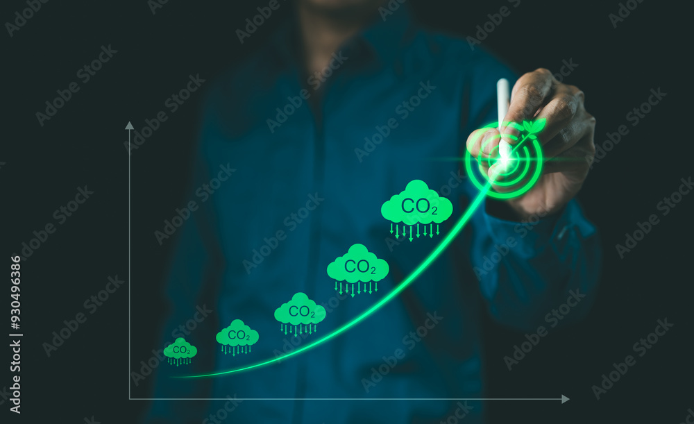 CO2 Emission Reduction and Environmental Sustainability. Person drawing ...
