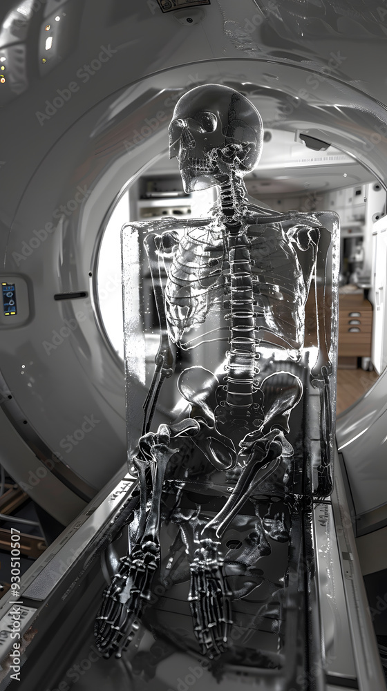 Skeleton model positioned for examination inside a medical imaging ...