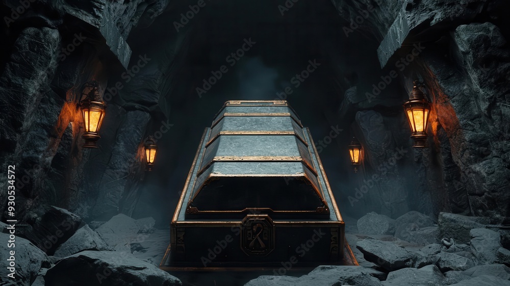 Steampunk vampire lair with brass coffins, glowing lanterns, and steam ...