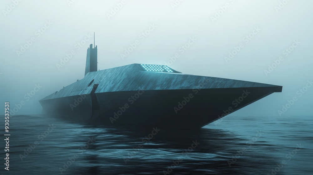 A Sleek Stealth Ship Glides Silently Through Misty Waters Showcasing Its Advanced Hull Design