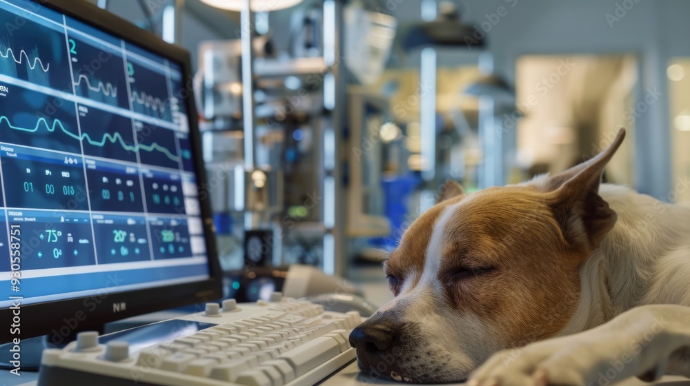 Dog sleeping near a monitor displaying vital signs in a futuristic ...