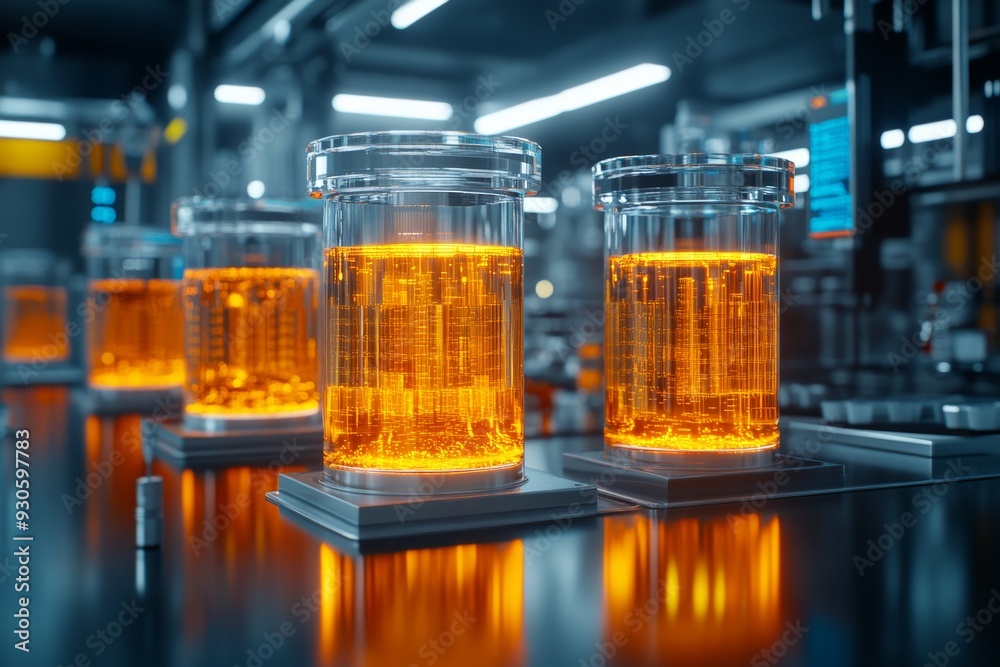 Laboratory with beakers filled with glowing amber liquid symbolizing ...