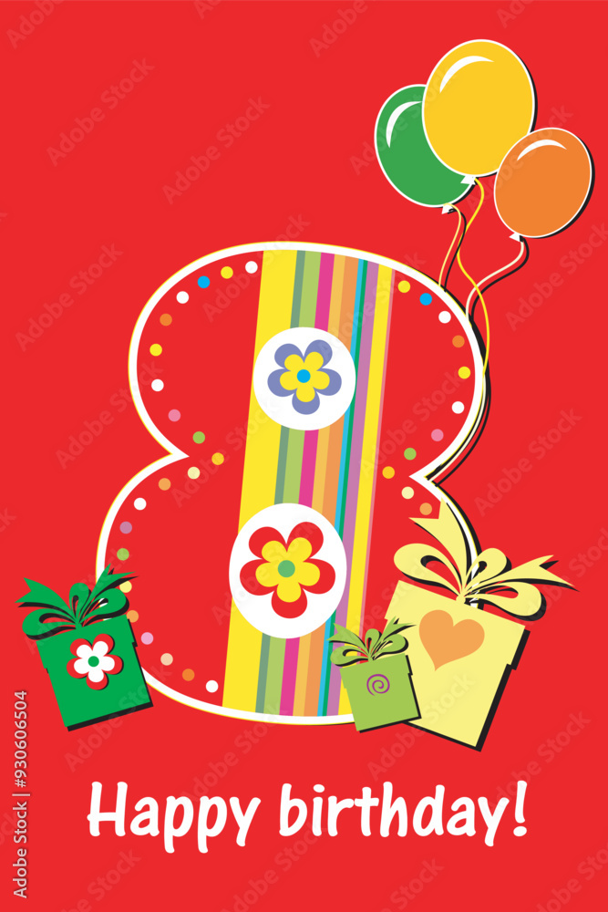 Happy birthday card. Celebration background with number eight, gift ...
