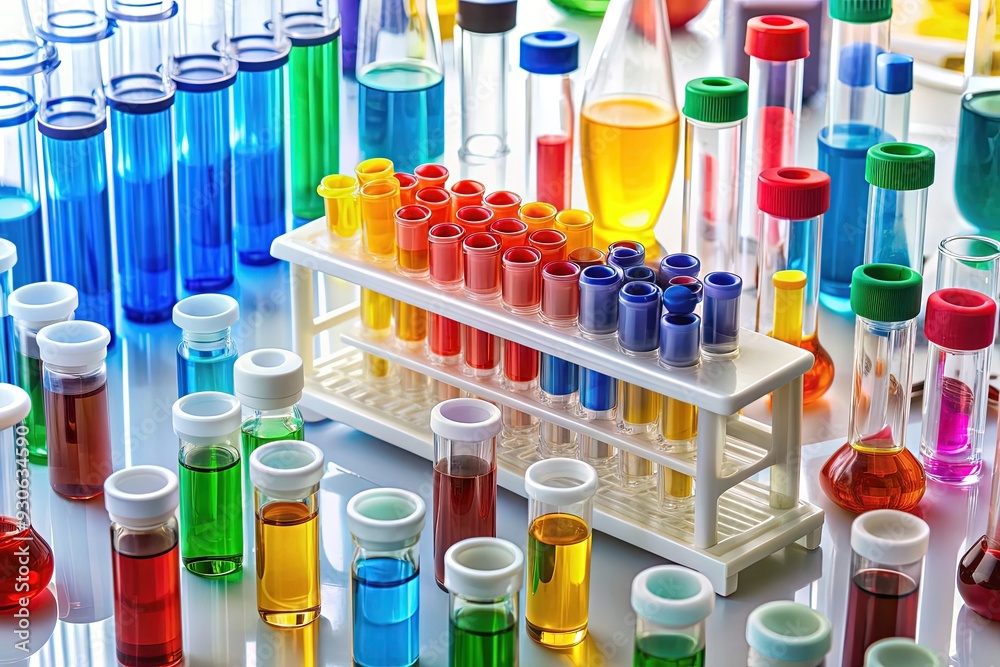 Assorted color-coded tubes of various sizes and shapes scattered on a ...