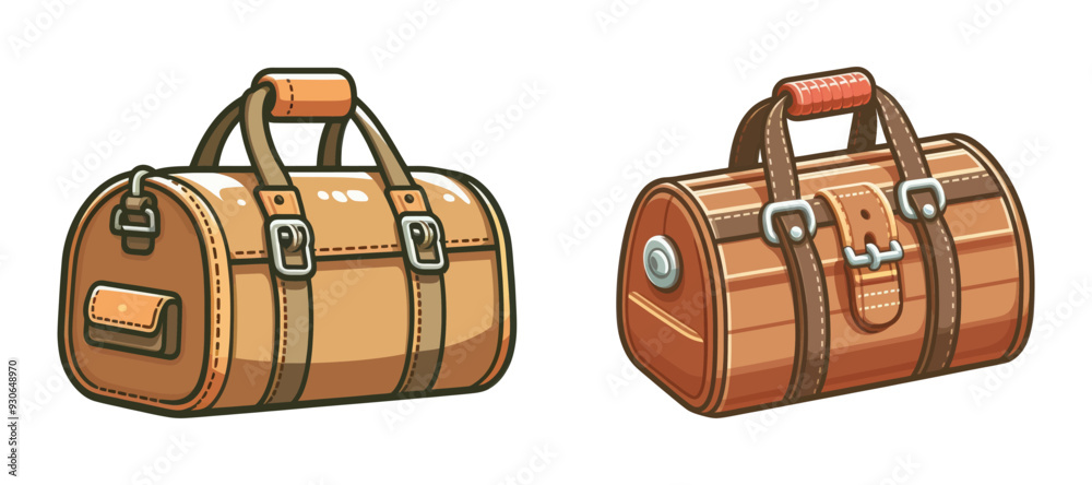 Vector illustration of two brown leather bags with handles and buckles ...