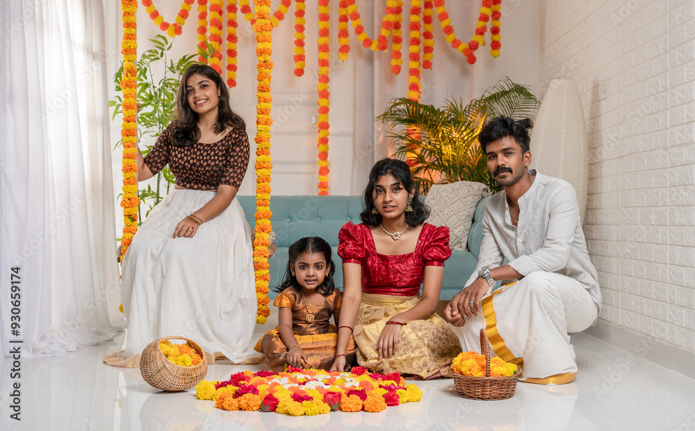 Onam celebration image Kerala teenage people making Onam pookalam and ...