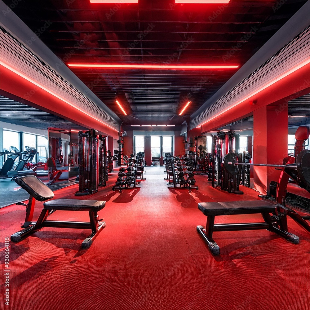 Wide angle photography of an empty modern gym interior full of weights ...