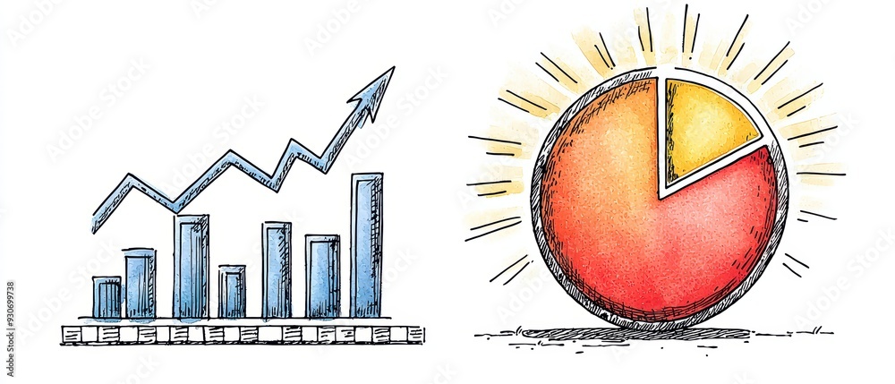 Illustrative graph and pie chart depicting business growth and ...