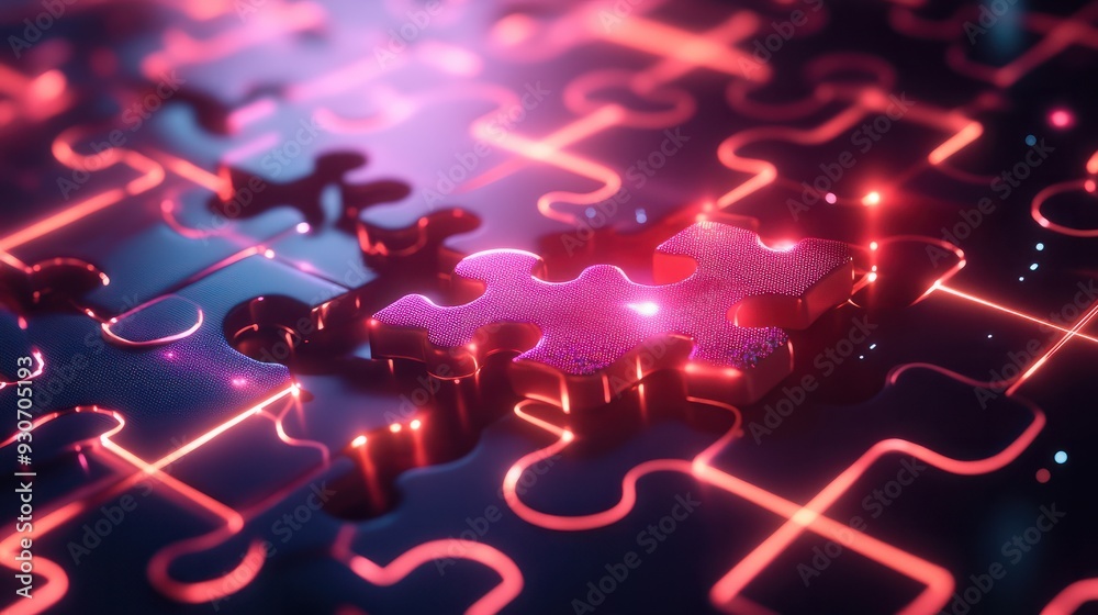 Glowing puzzle pieces connected in a digital network, highlighting ...