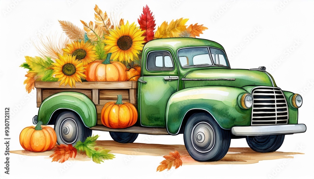 Vintage truck filled autumn harvest of wicker basket with pumpkins ...