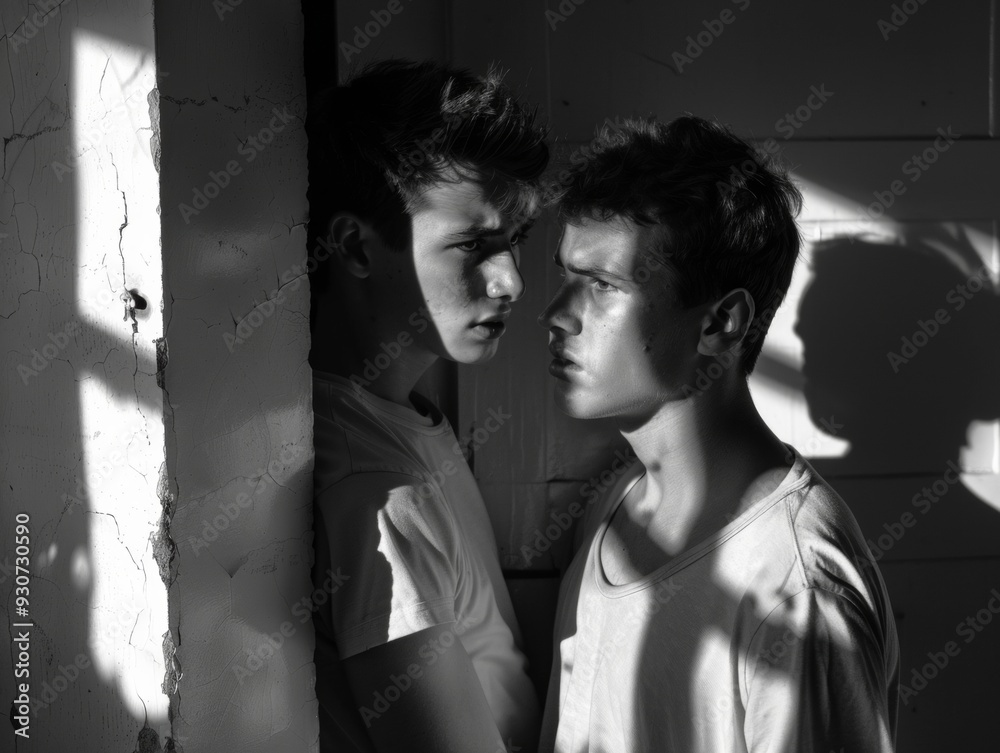 Dramatic black and white portrait of two young men standing in shadows ...