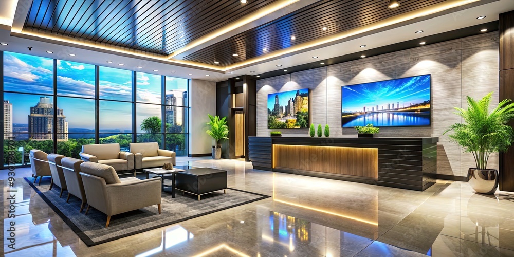 Modern hotel lobby features sleek black reception desk, plush sofas ...