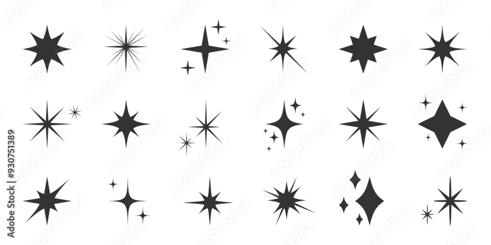 Abstract Twinkle Sparkle stars icons collection. Spark asterisk shapes set. Black silhouette ...