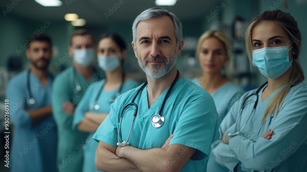 Gran equipo de médicos orgullosos posando en grupo dentro del hospital ...