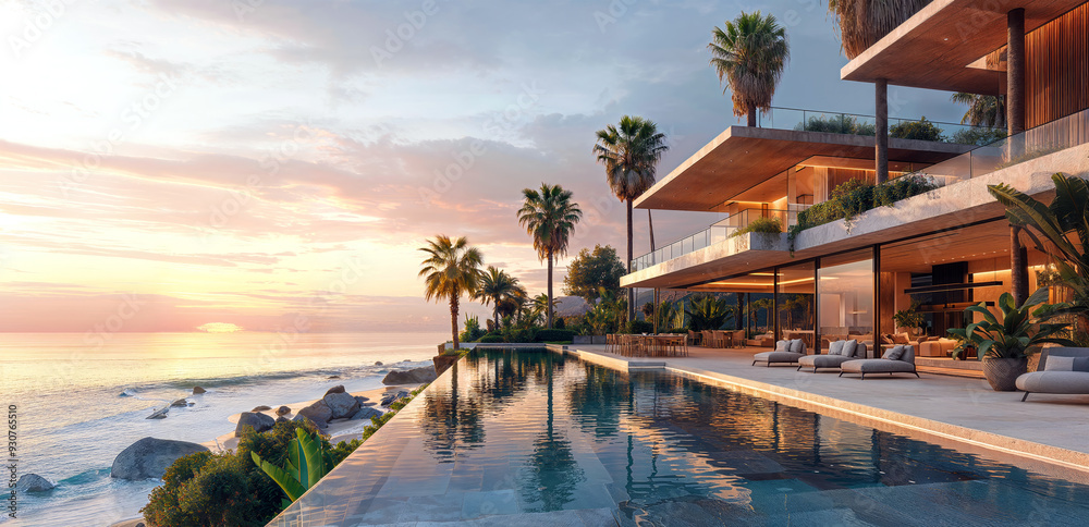 An architectural rendering of the exterior view across an infinity pool ...