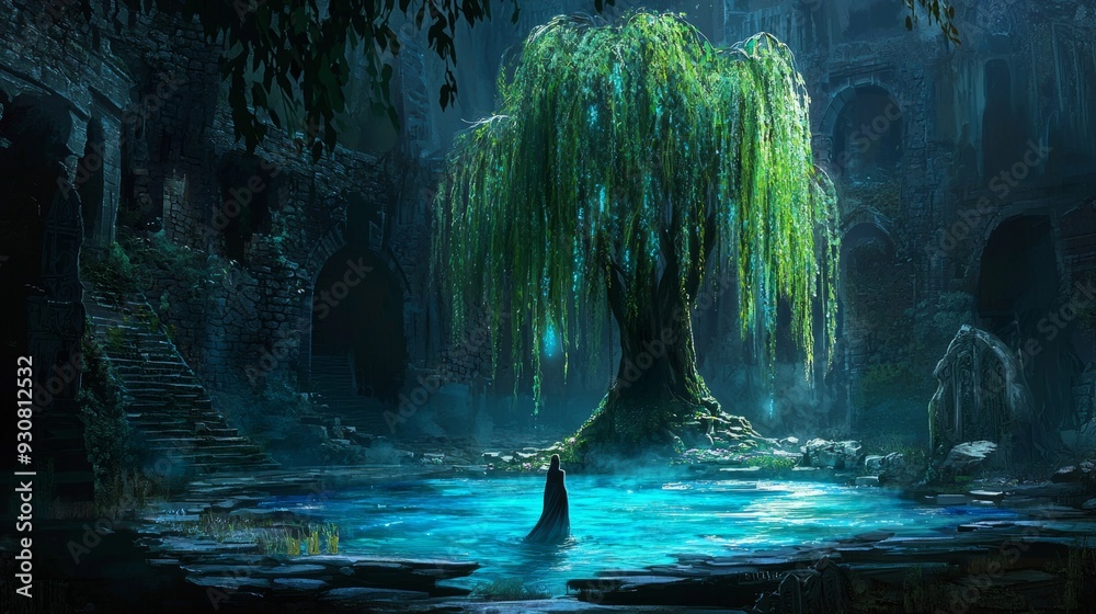Digital Concept Art of a Magical Willow Tree Growing Near a Pool Among ...