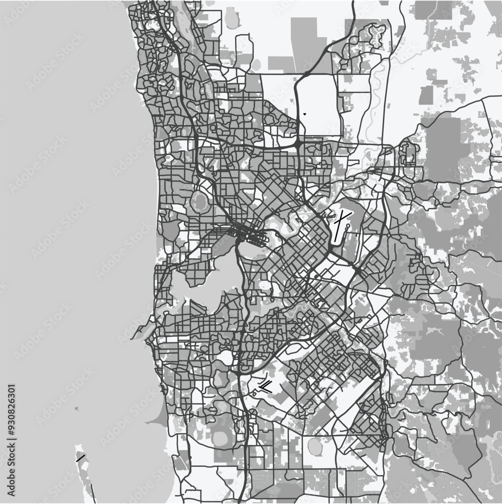 Map of Perth in Australia in grayscale. Contains layered vector with ...