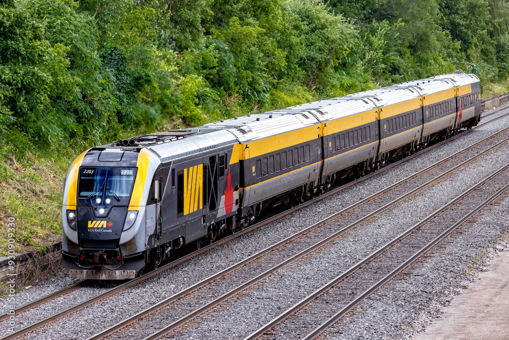 Toronto Canada, August 20, 2024; A full train view of a Via Rail sleek ...