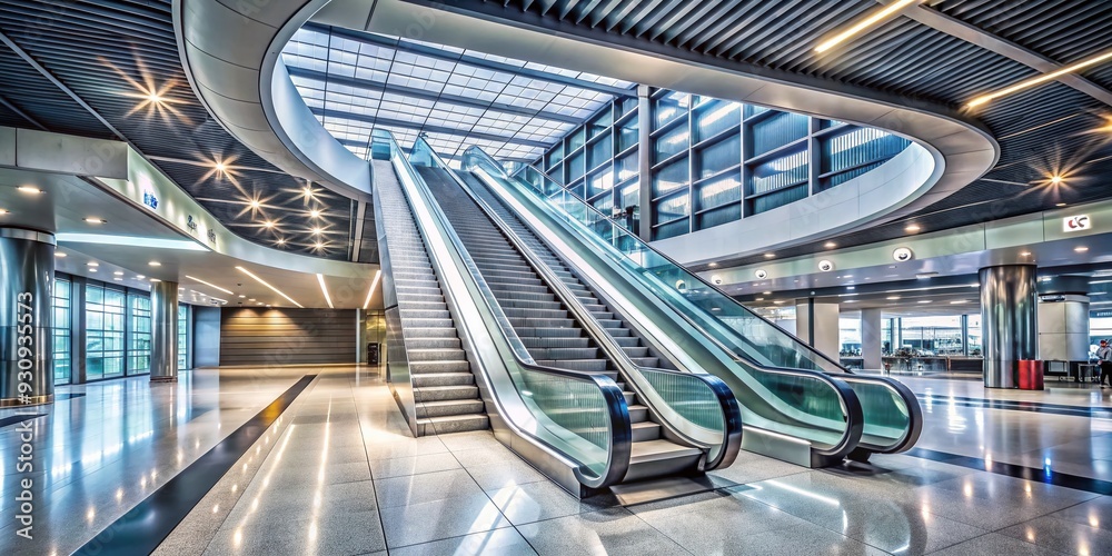 Sleek, silver escalators curve upward in a busy airport terminal ...