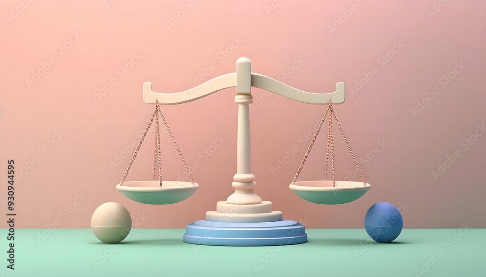 3 render of a scale of justice in balancing money and legal symbols that represent fairness in ...