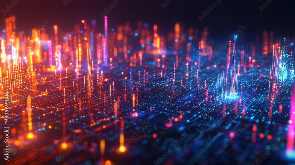 Futuristic chart depicting data flows in a smart city, with bright ...
