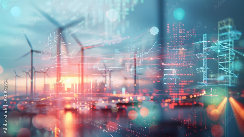 Wind Turbines and Digital Overlays Stock Illustration | Adobe Stock