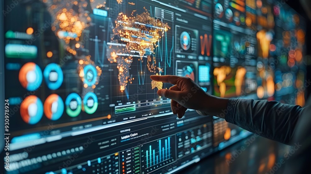 8. Business professional using a touch screen monitor to adjust digital ...