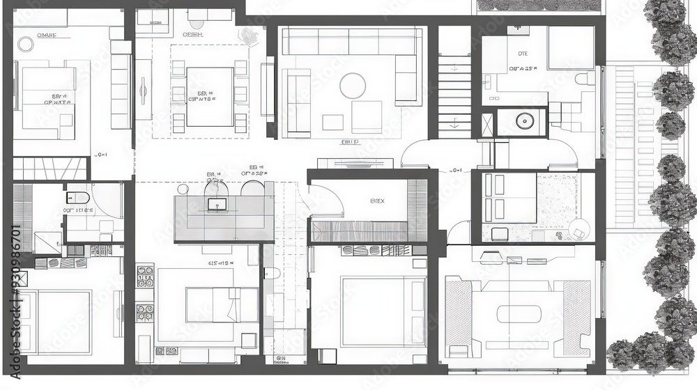 Draw a detailed floor plan for a luxury apartment, showing the layout ...
