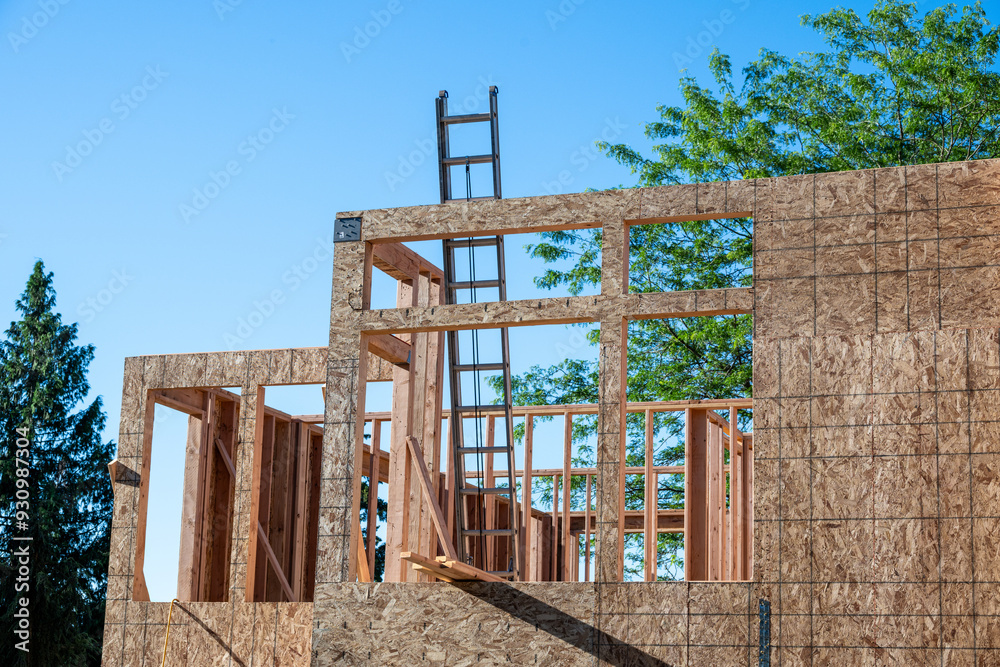 New residential home construction in framing stage, looking up at ...
