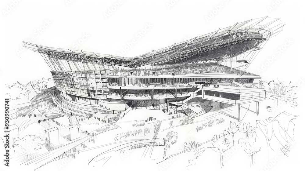 Illustrate a detailed sketch of a modern stadium, highlighting its ...