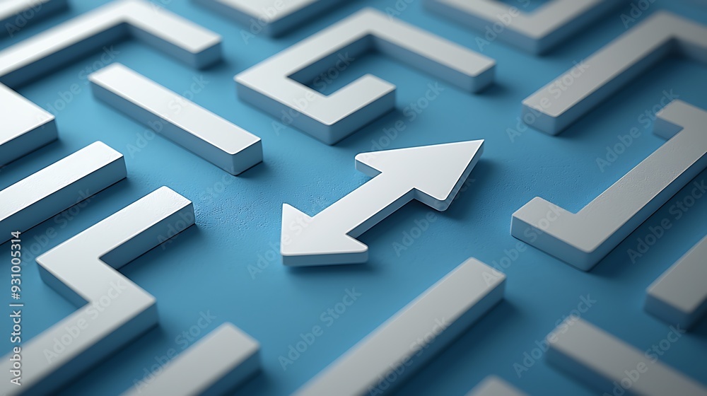 White arrows traverse a complex maze, illustrating the concept of ...